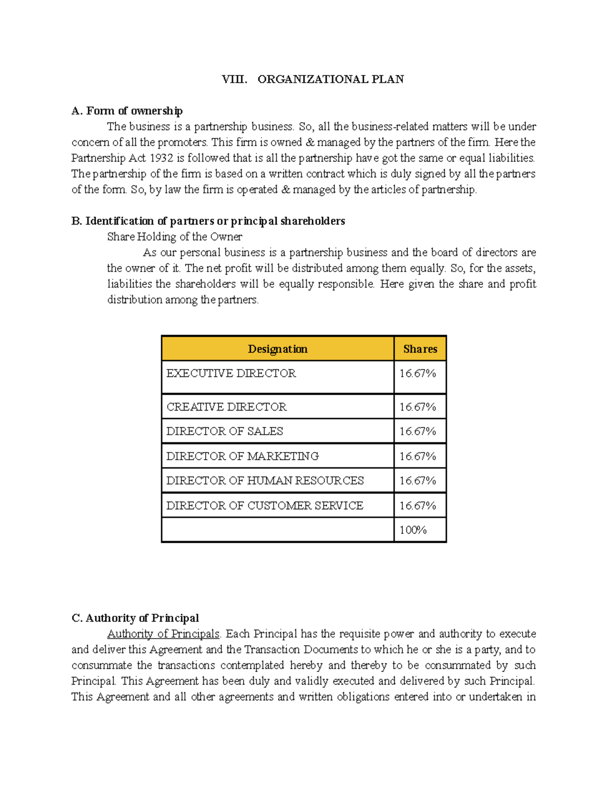 Business PLAN VIII: Detailed Organizational Structure and Roles - Studocu