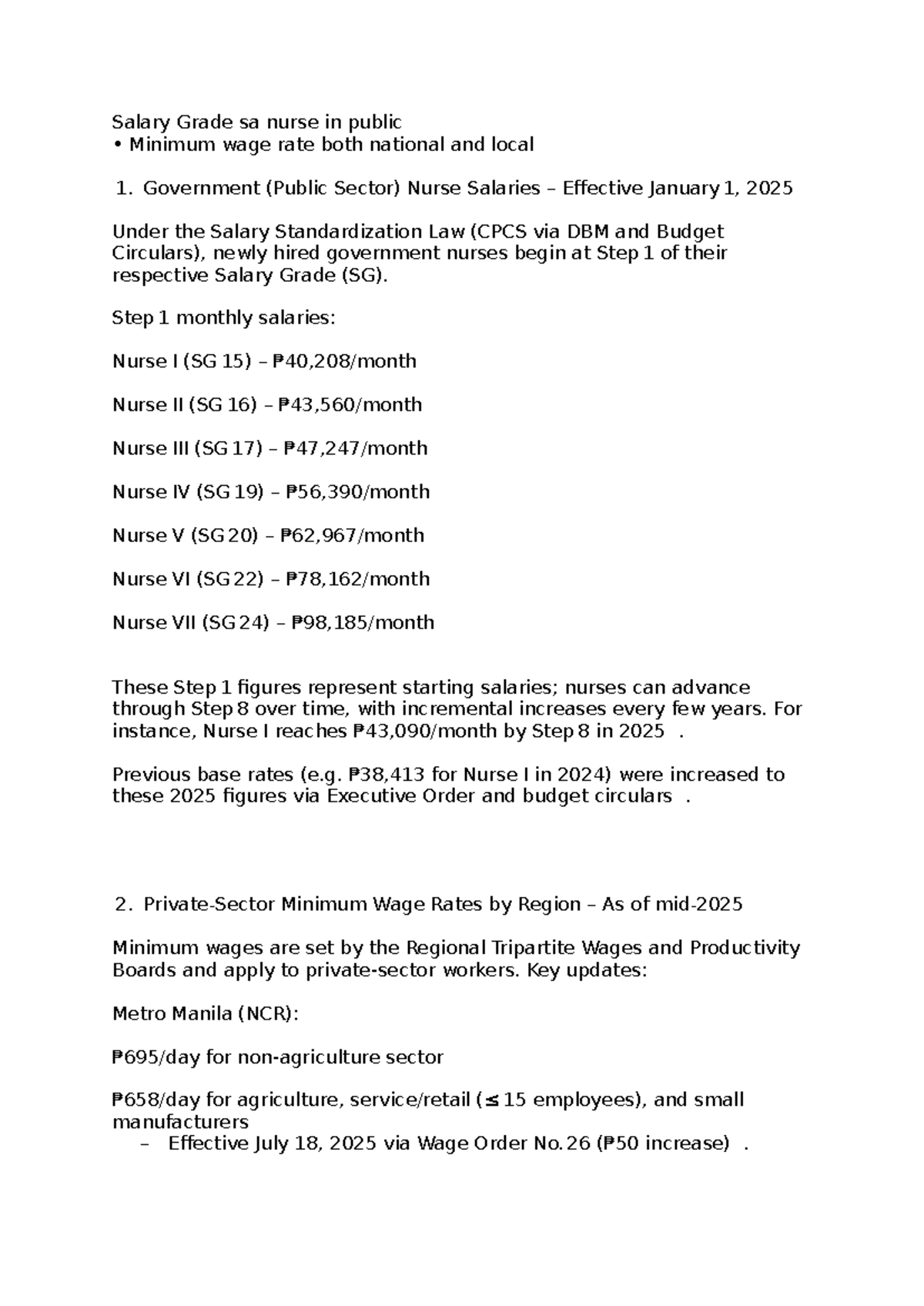 Salary Grade and Minimum Wage for Nurses in Public Sector 2025 - Studocu