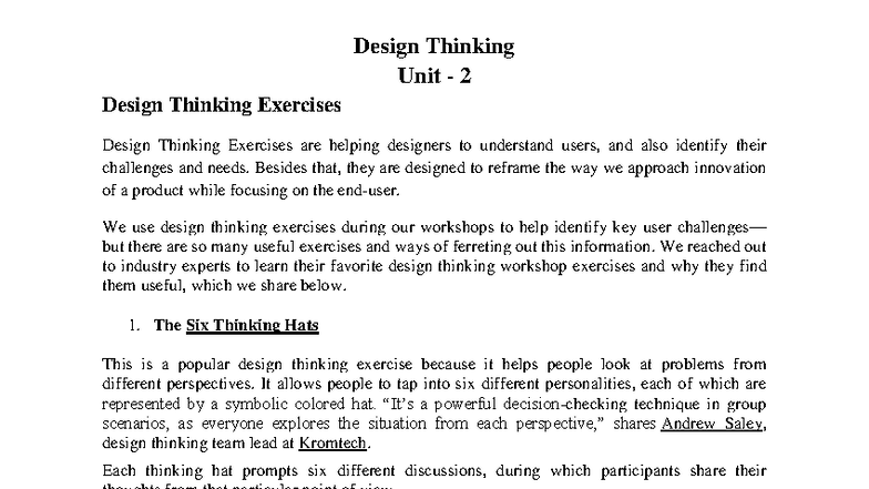 Design Thinking Unit 2: Key Exercises for Effective Innovation - Studocu