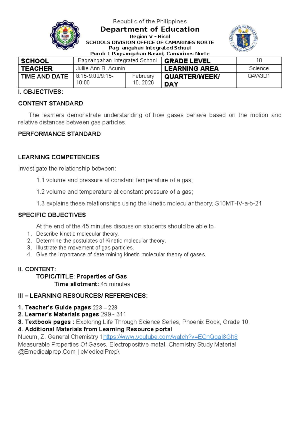 Kinetic Molecular Theory: Grade 10 Science Lesson Plan - Studocu