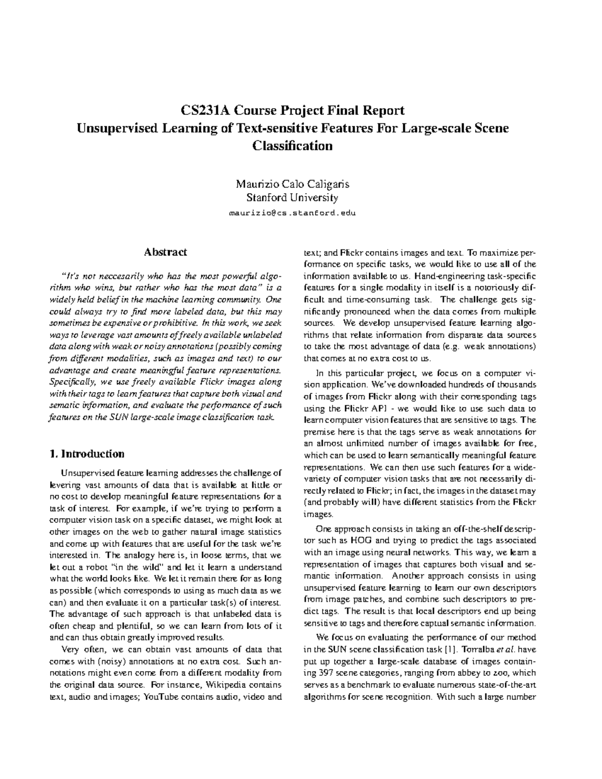 CS231A Final Project Report: Unsupervised Learning of Features - Studocu
