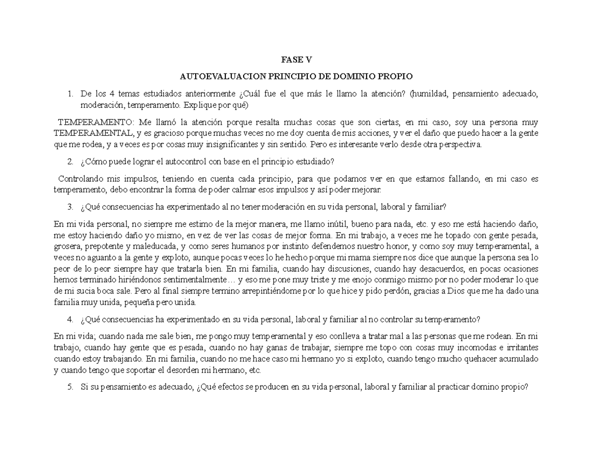 Autoevaluación del Principio de Dominio Propio: Reflexiones y Metas 92 ...