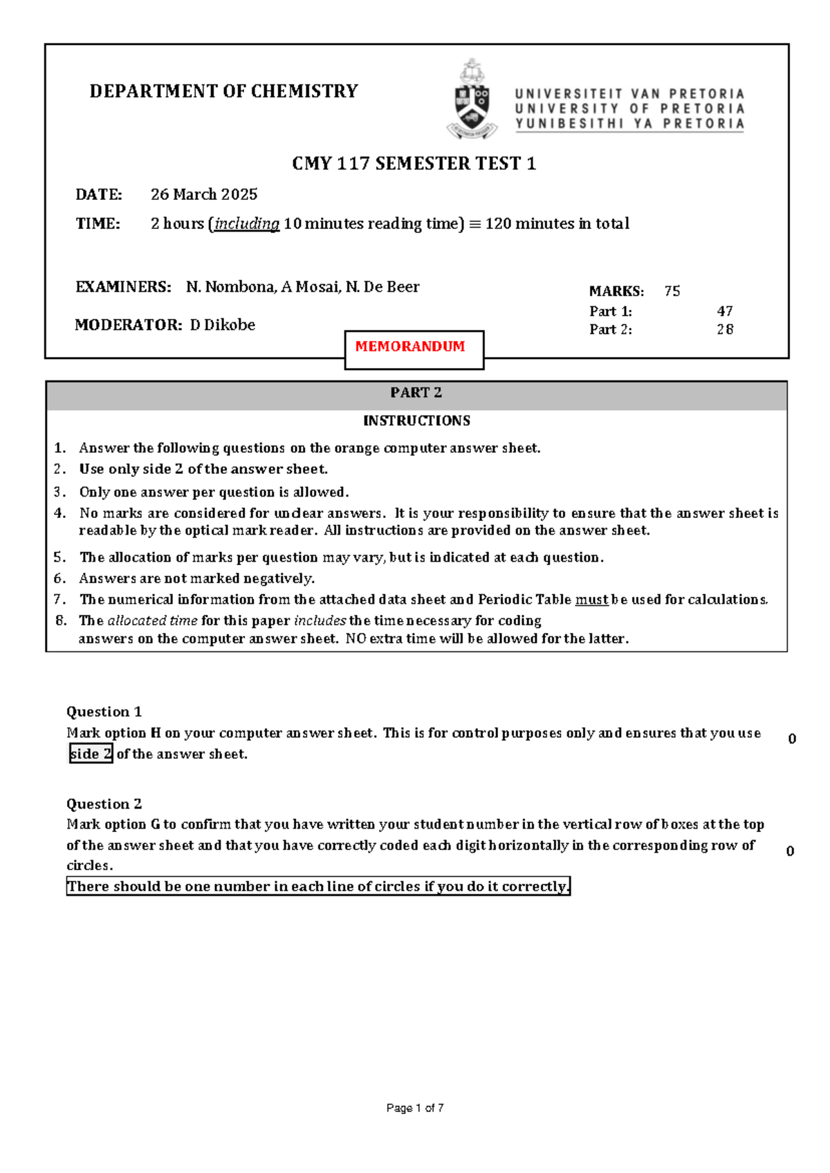 CMY 117 Semester Test 1 (Final) - March 26, 2025 - Studocu