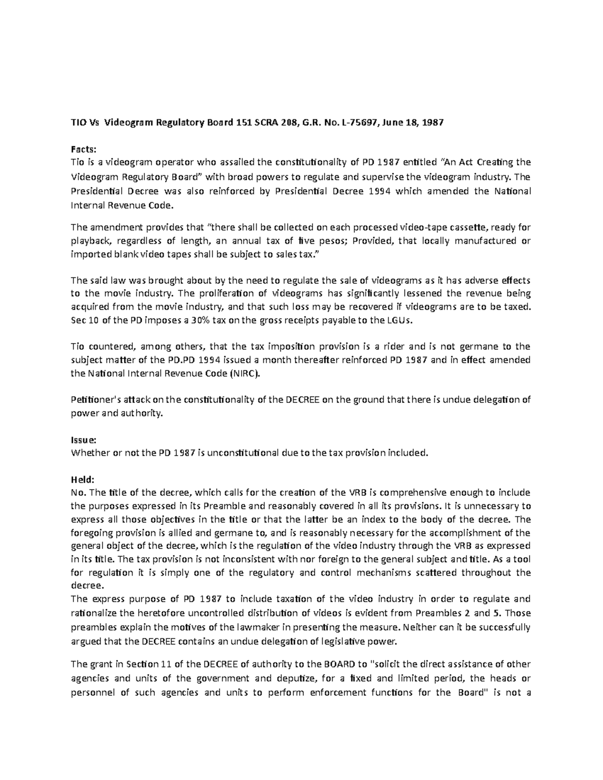 TIO vs Videogram Regulatory Board: Tax Provision & Constitutionality ...