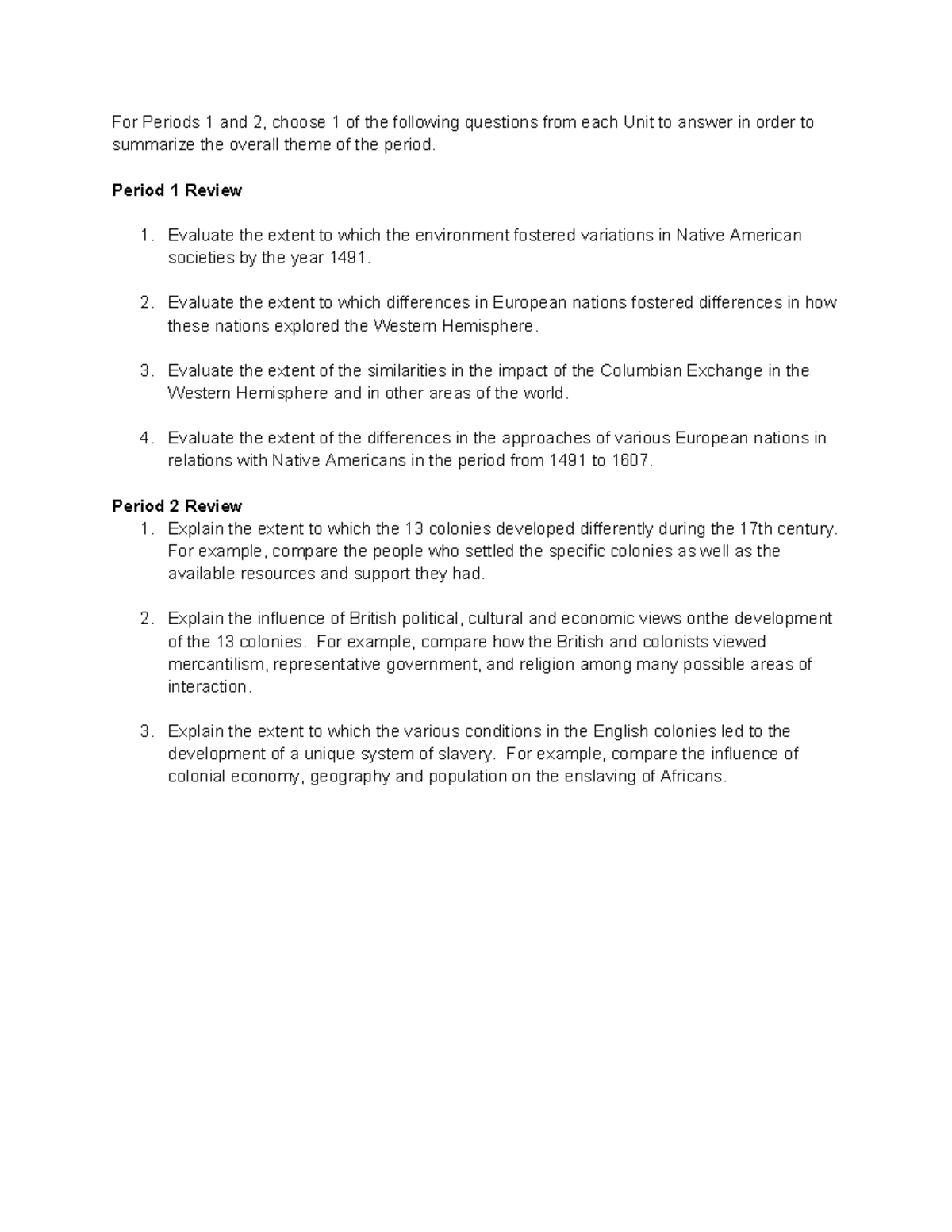 Apush 1&2 Review - For Periods 1 and 2, choose 1 of the following ...