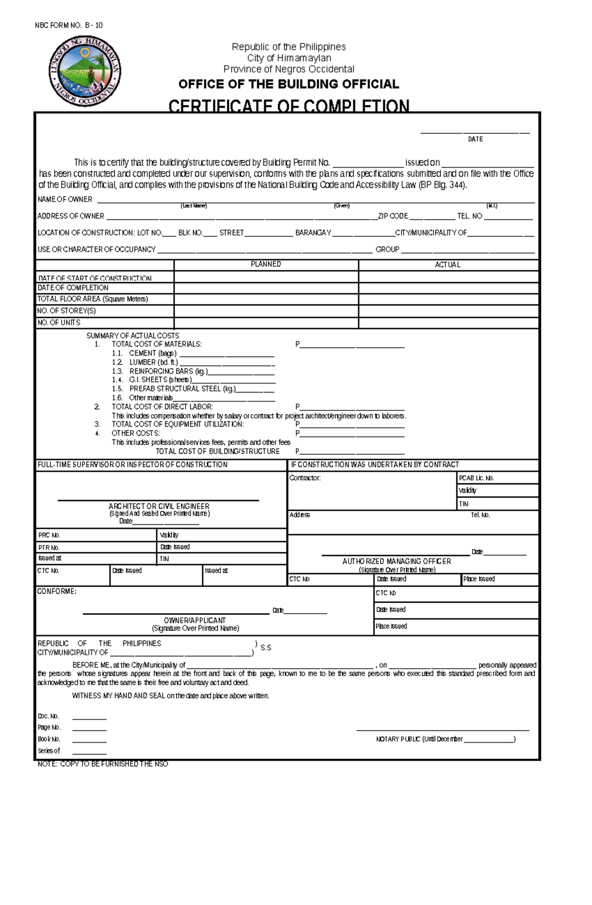 NBC FORM NO. B 10: Certificate of Completion for Building Permit - Studocu