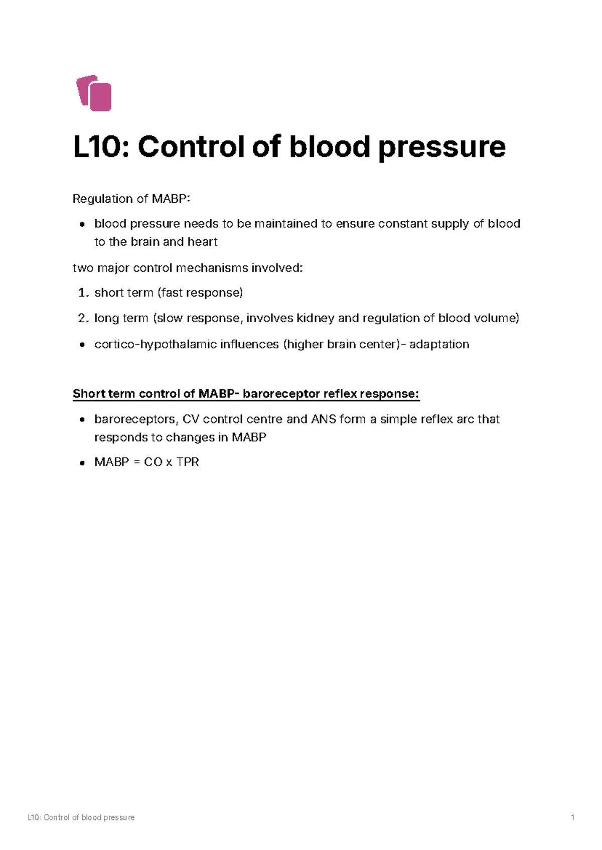 Physiology lecture 10 - L10: Control of blood pressure Regulation of ...