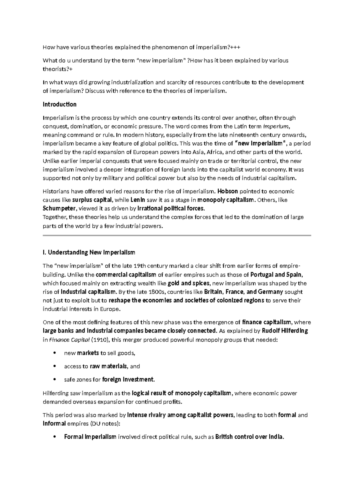 Imperialism Theories: Economic and Political Insights (HIST 101 Notes ...