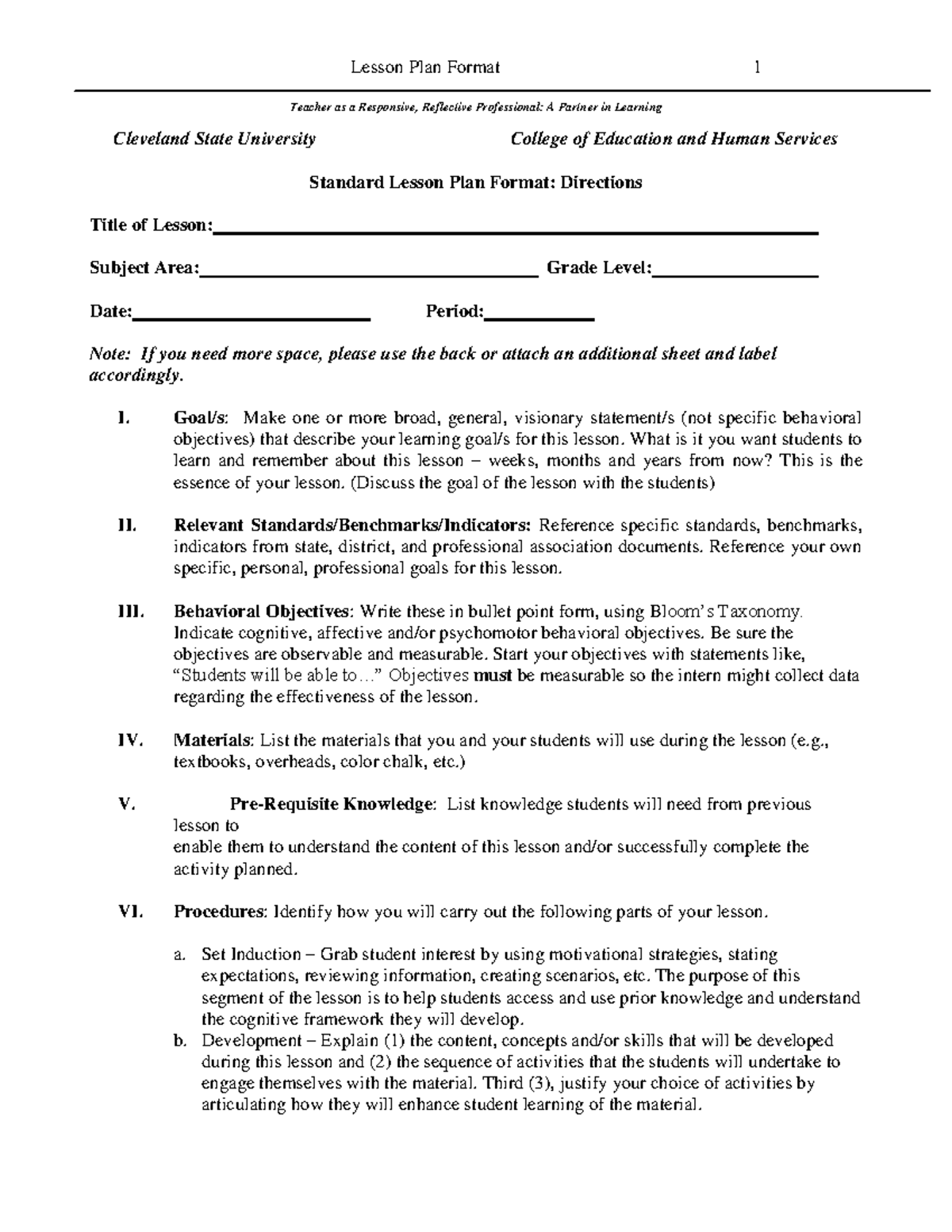 Lesson Plan Format: Teacher as a Responsive Professional - CSU - Studocu