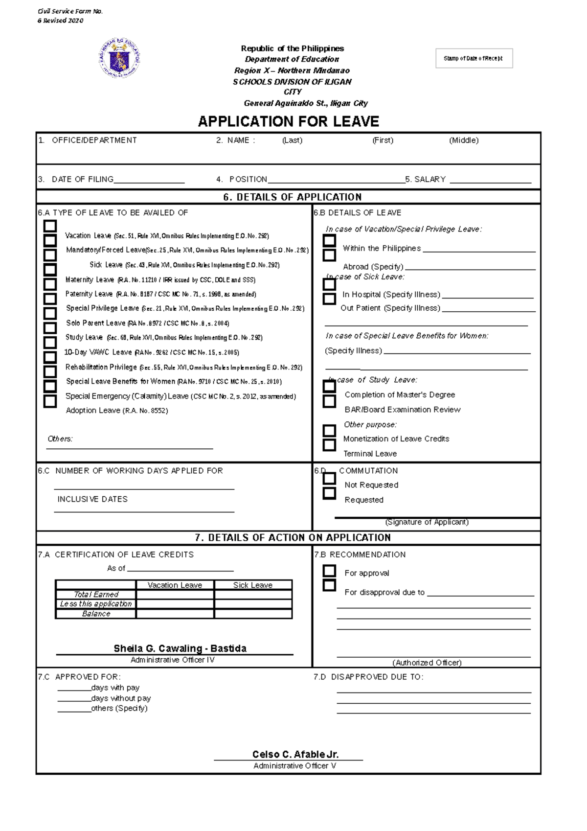 Application OF Leave (FORM 6) - Civil Service Form No. 6 Revised 2020 ...
