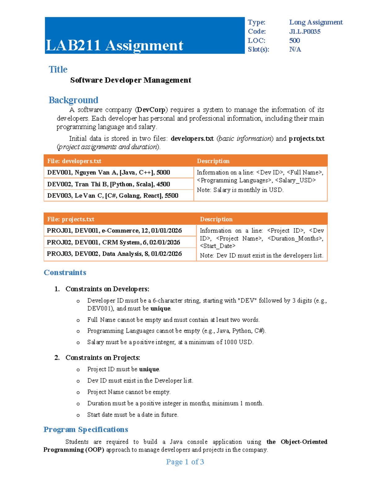 LAB211 Assignment: Software Developer Management System Design - Studocu