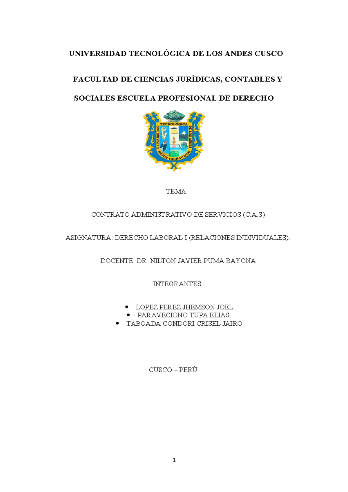 Regimen CAS y Suspensión de Contrato - Derecho Laboral I (D.L. 1057 ...