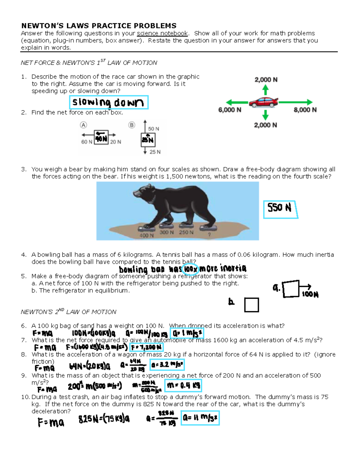 Newton's Law Worksheet - NEWTON’S LAWS PRACTICE PROBLEMS Answer the ...