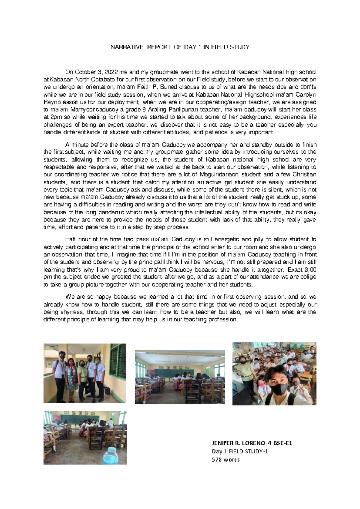 Field Study Narrative Report: Day 1 Observations at Kabacan High School ...