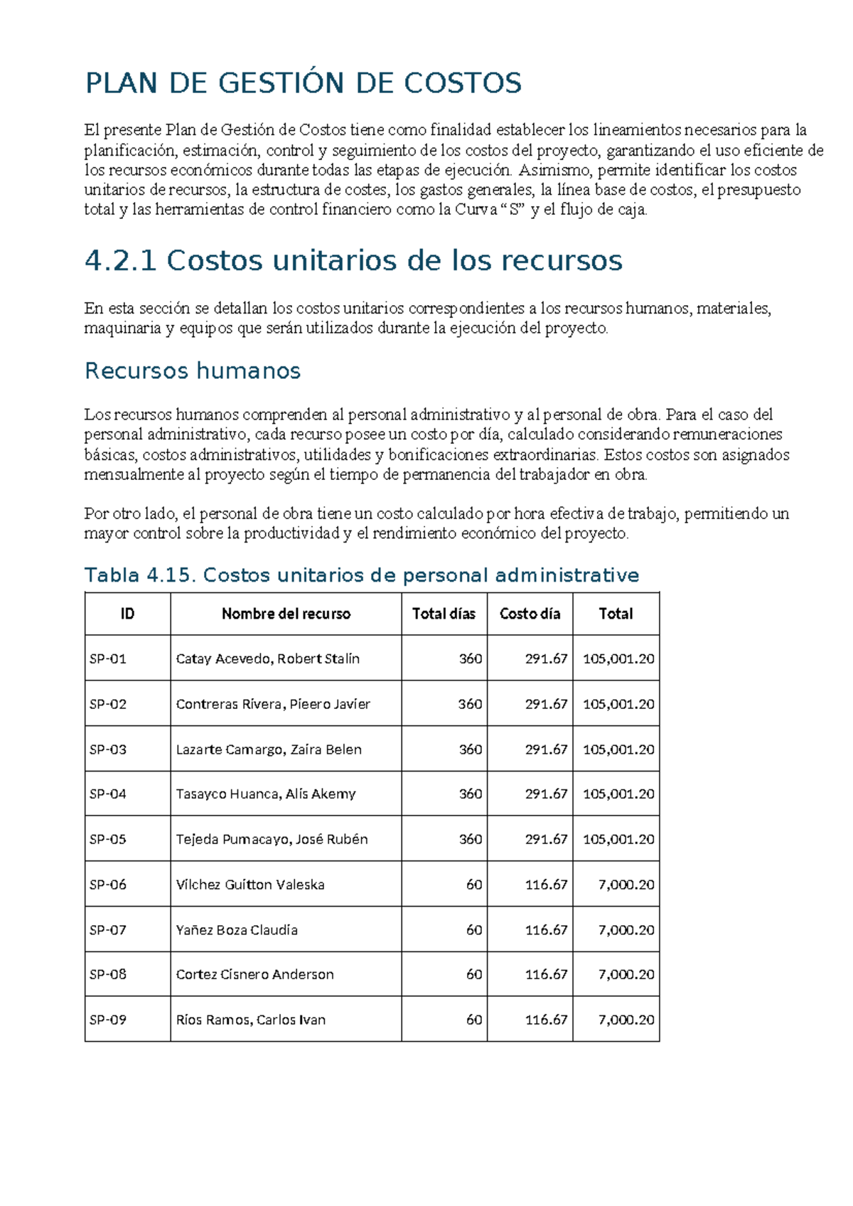 Informe Plan de Gestión de Costos - Edificio de Oficinas - Studocu