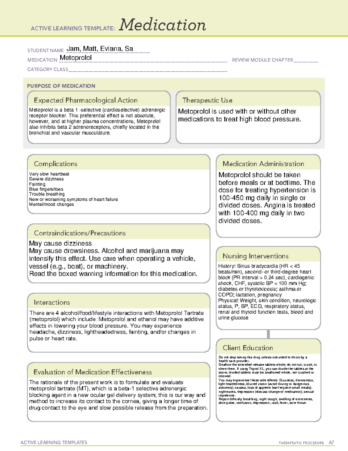 Metoprolol Active Learning Template: Key Medication Insights - Studocu