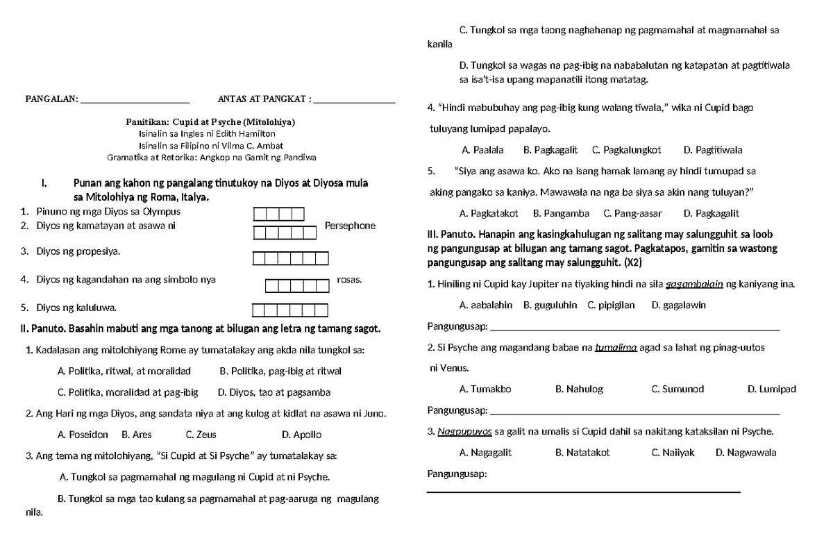 1st Quiz: Cupid at Psyche - Metolohiya ng Pag-ibig at Tiwala - Studocu