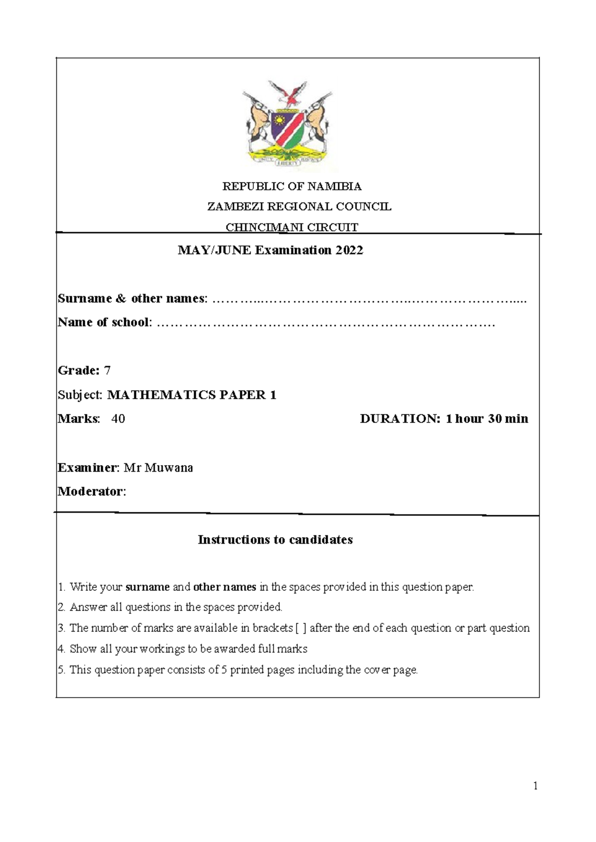 Grade 7 Mathematics Paper 1 June Exam 2022 - REPUBLIC OF NAMIBIA - Studocu