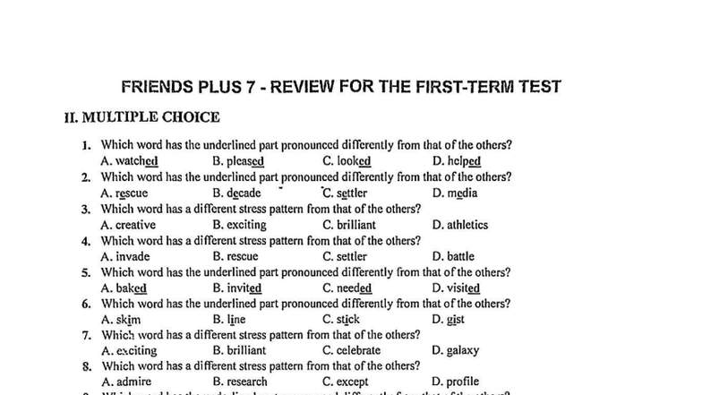 Grade 7 - Final Review for Test II: Friends Plus MCQs - Studocu
