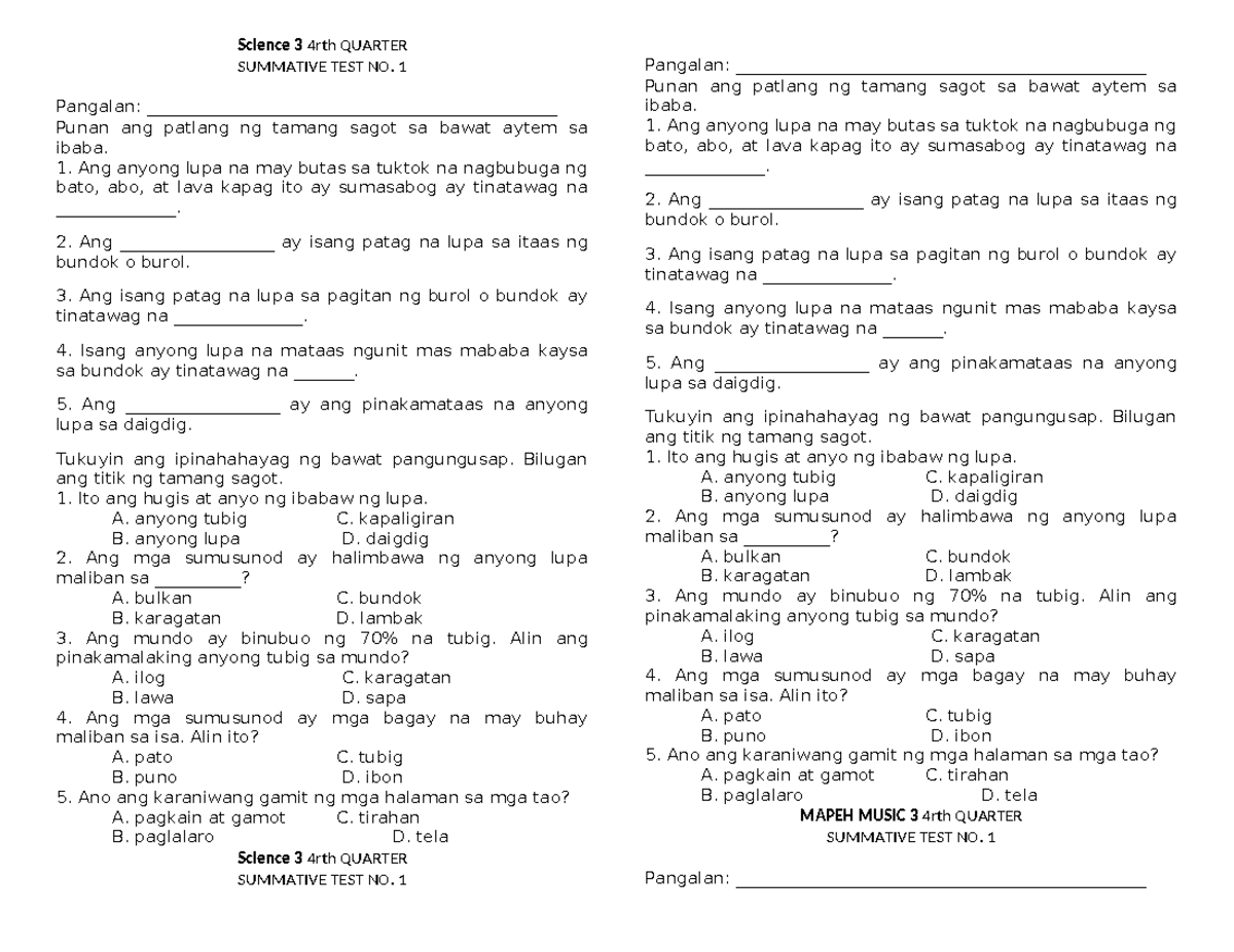 Science 3 4th Quarter Summative Test No. 1 - Studocu