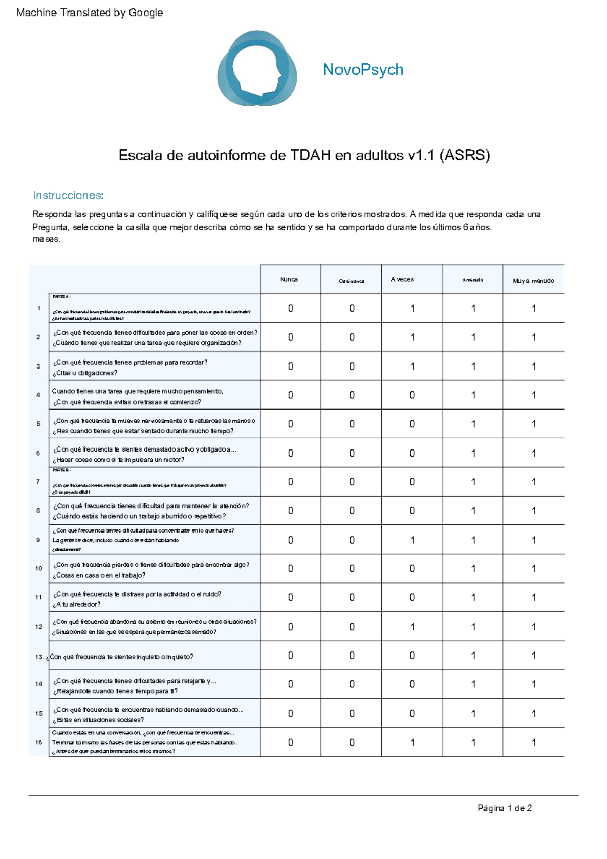Escala de Autoinforme de TDAH en Adultos (ASRS) v1.1 - Instrucciones ...