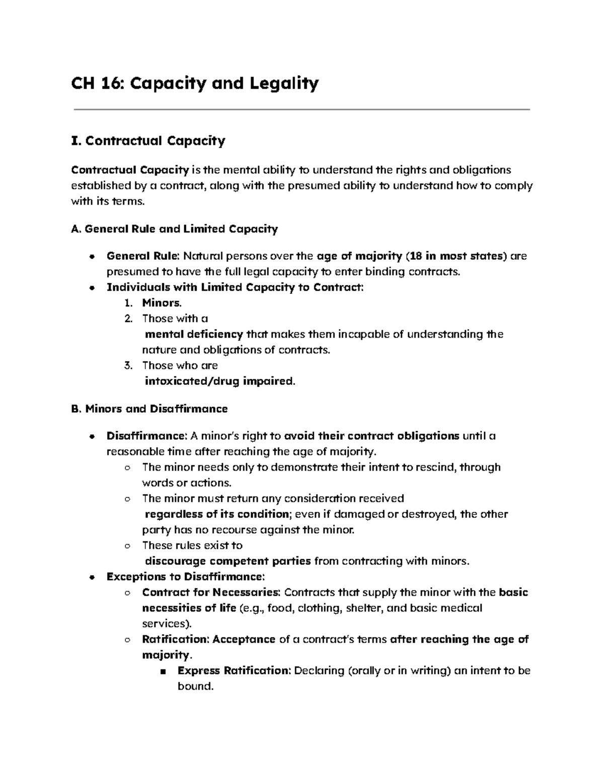 CH 16: Contractual Capacity & Legality - Key Concepts Explained - Studocu