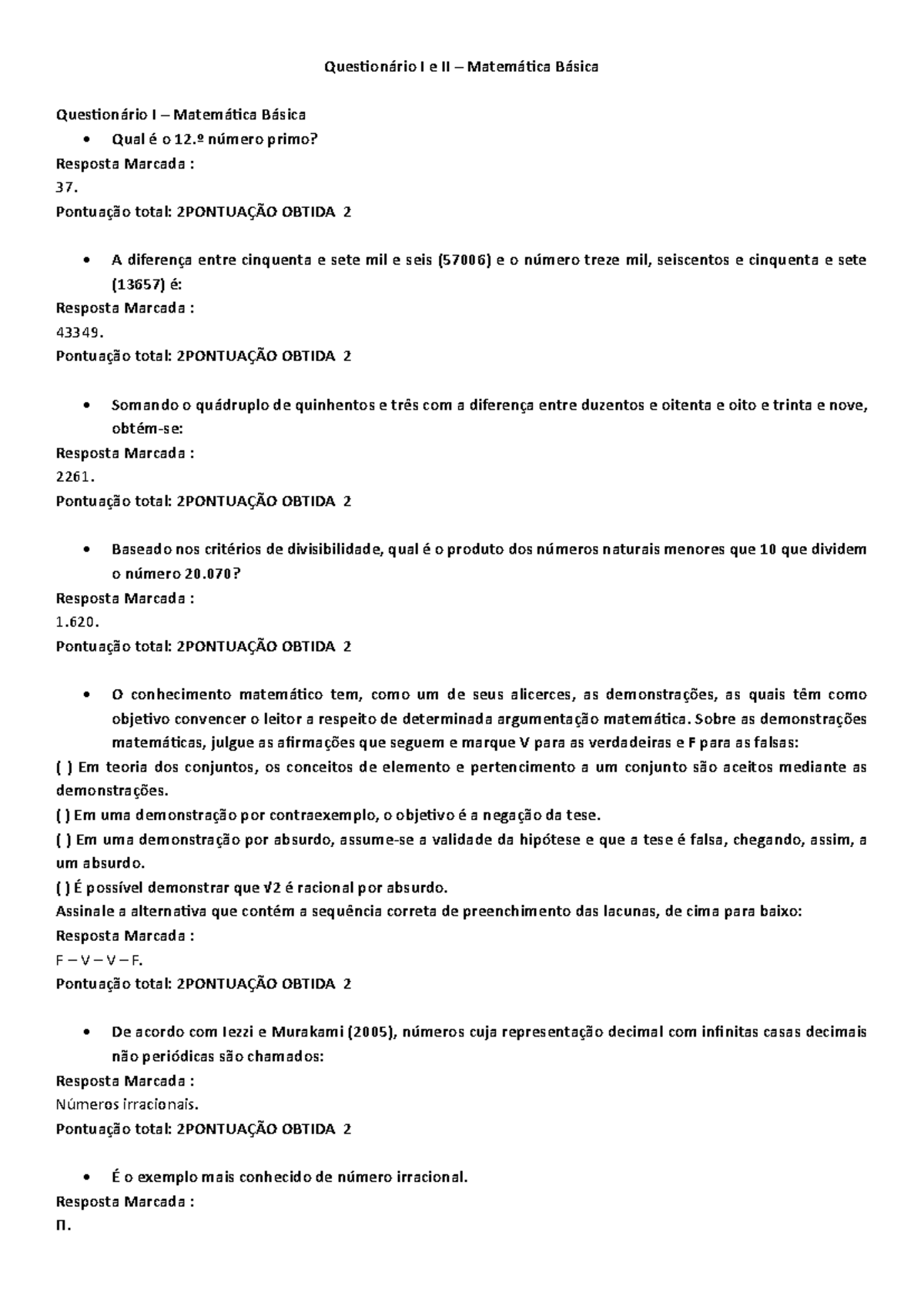 Questionário I e II - Matemática Básica (MAT101) - Studocu