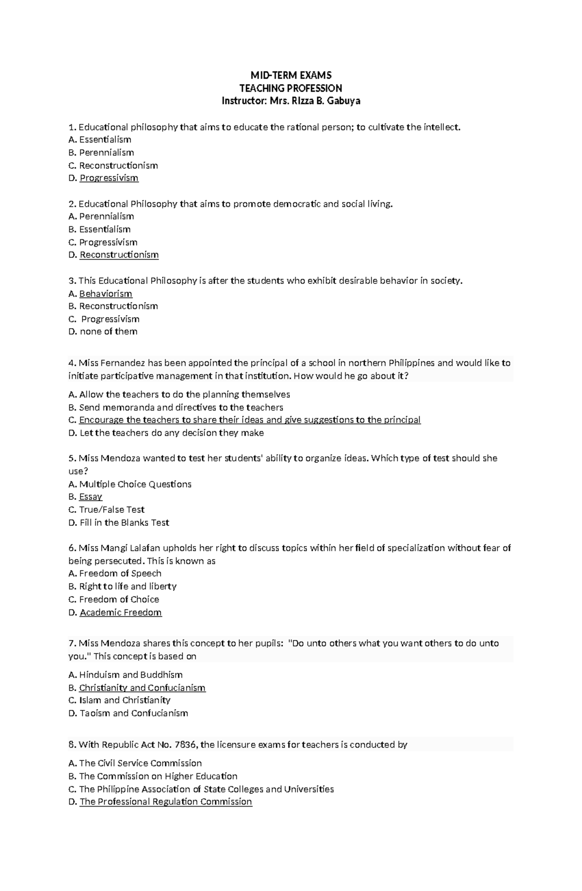 Midterm Exam Review: Key Concepts in Teaching Profession - Studocu