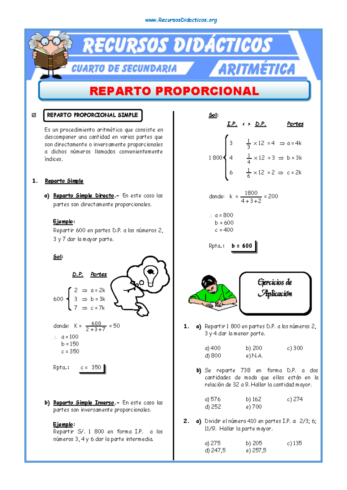 Problemas de Reparto Proporcional para 4to Secundaria - Ejercicios ...