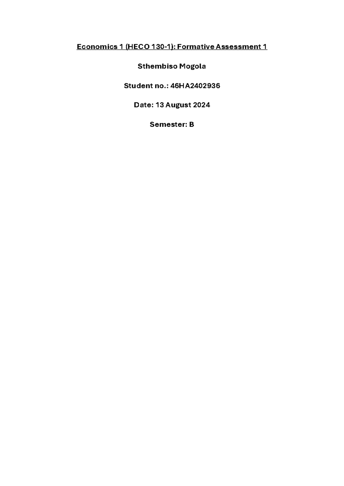 Economics Formative Assessment 1 (HECO 130 - 1) Summary and Solutions ...