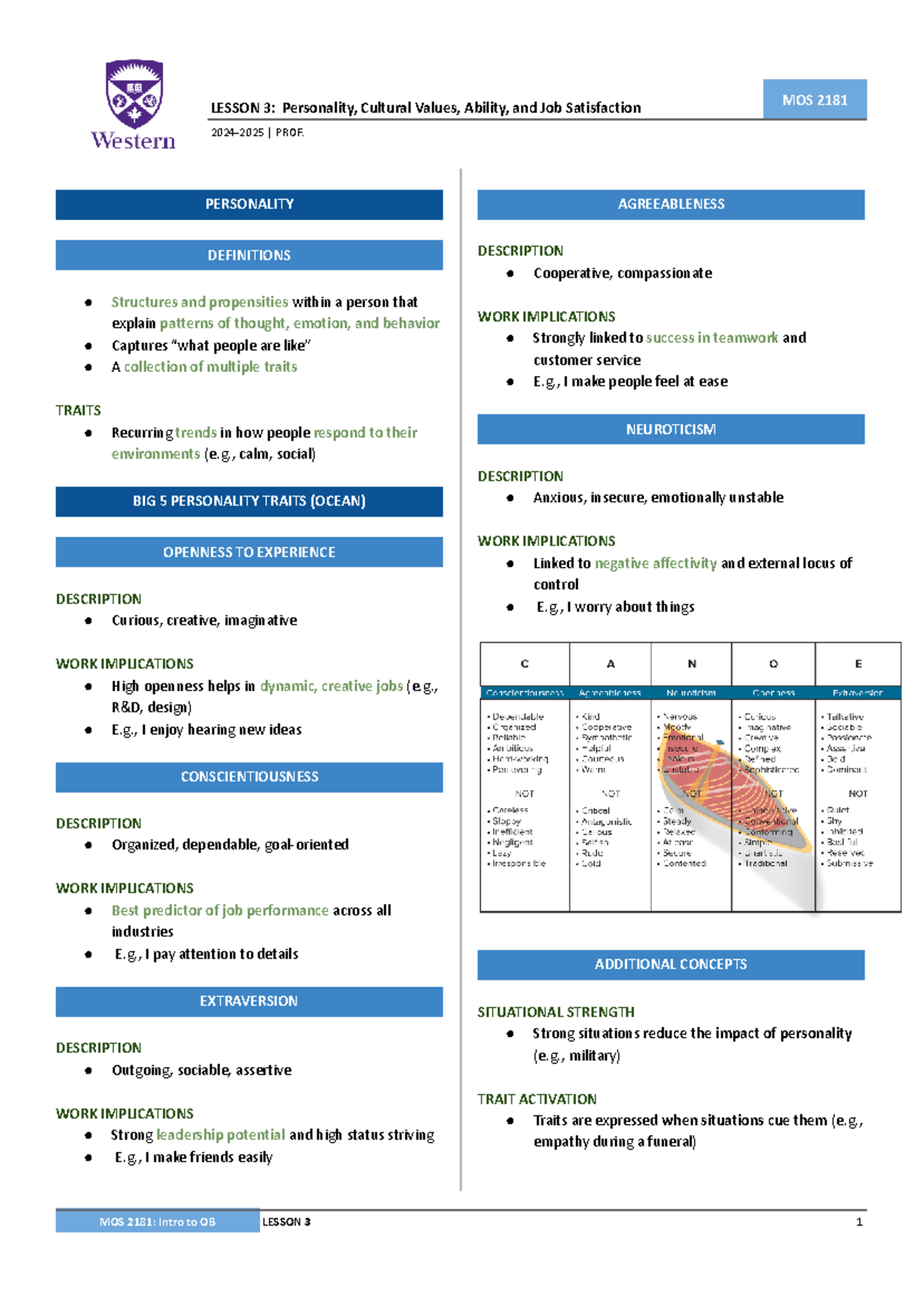 MOS 2181 Lesson 3: Personality, Cultural Values, and Job Satisfaction ...