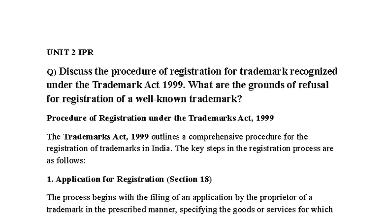 UNIT 2 IPR - Trademark Registration Procedures and Grounds for Refusal ...