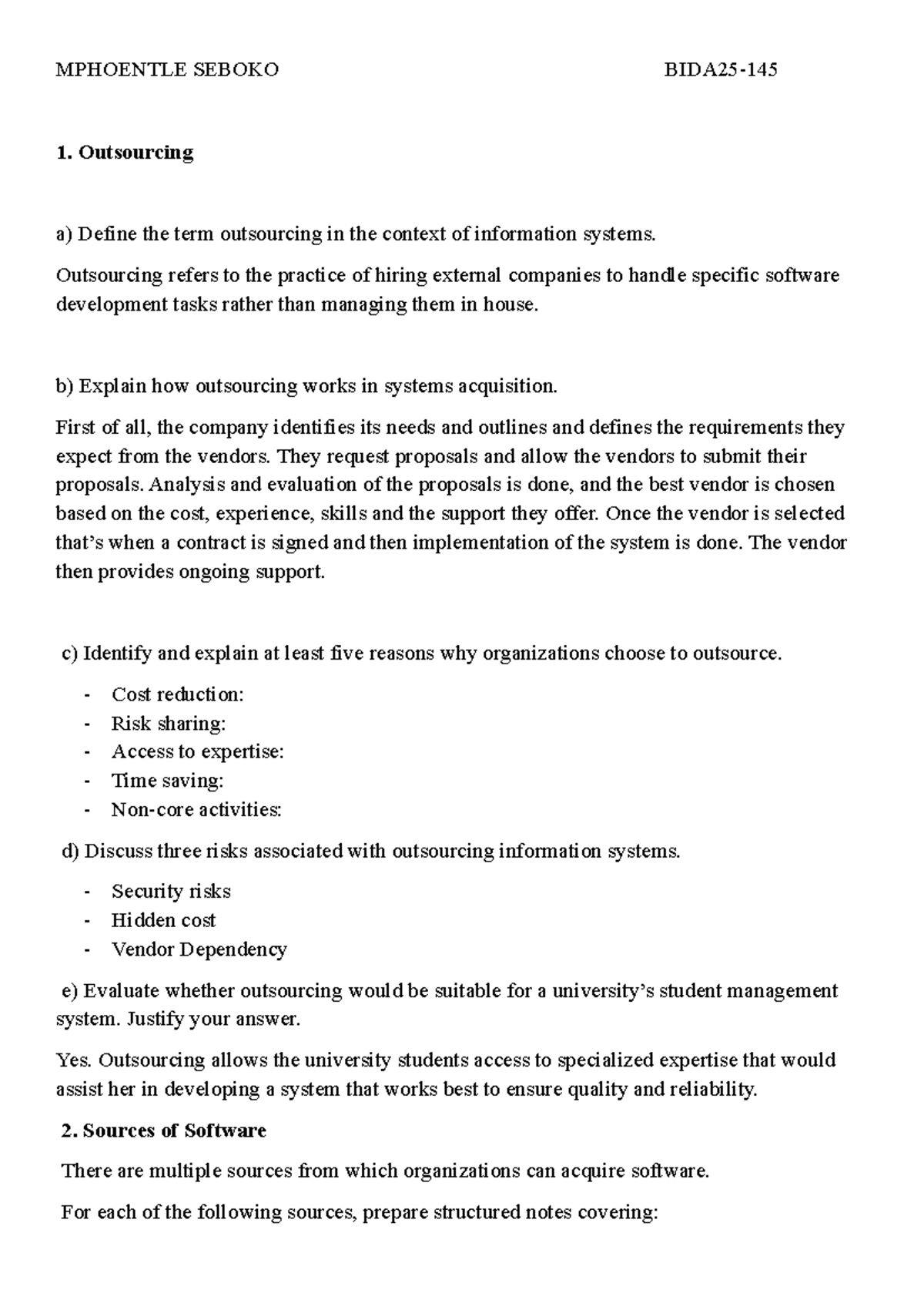 SD Tutorial 3 - Outsourcing & Software Acquisition Notes - Studocu