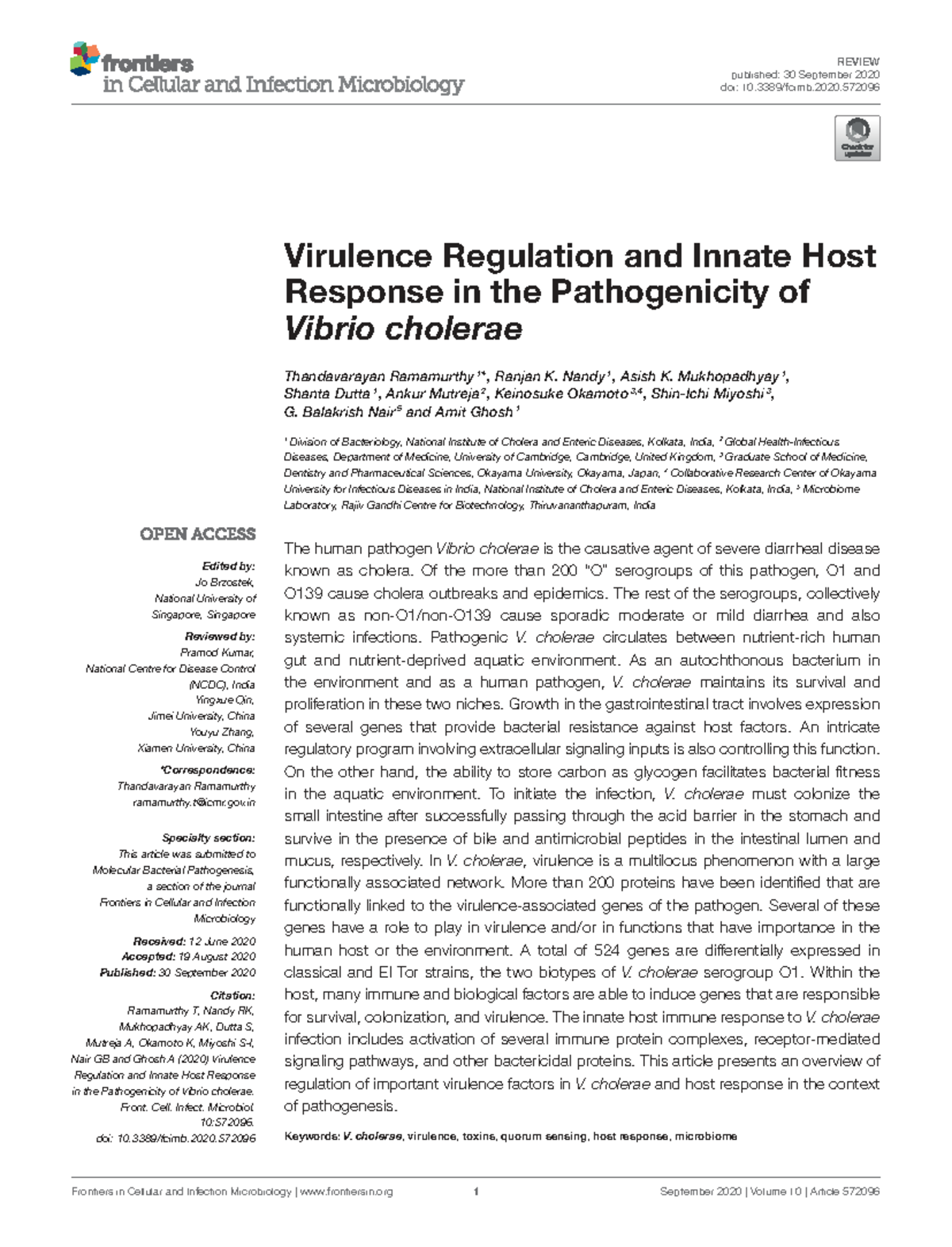 Virulence Regulation and Host Response in Vibrio cholerae Pathogenicity ...
