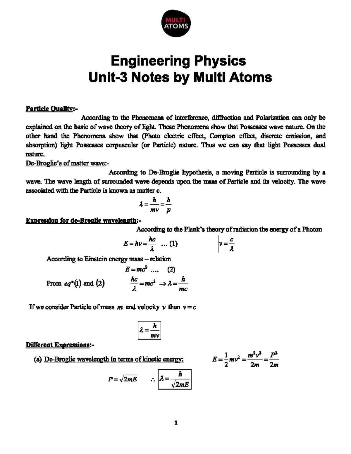 MULTI ATOMS Engineering Physics Notes: Wave-Particle Duality and ...