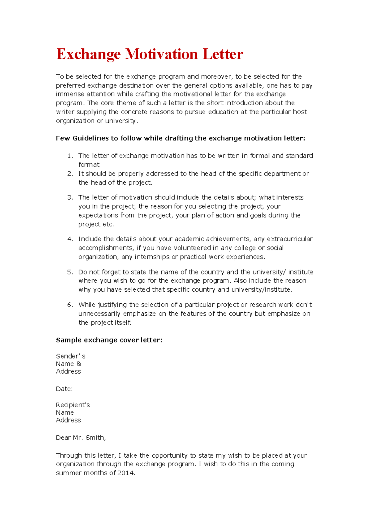 Exchange Motivation Letter Guidelines and Sample - Studeersnel