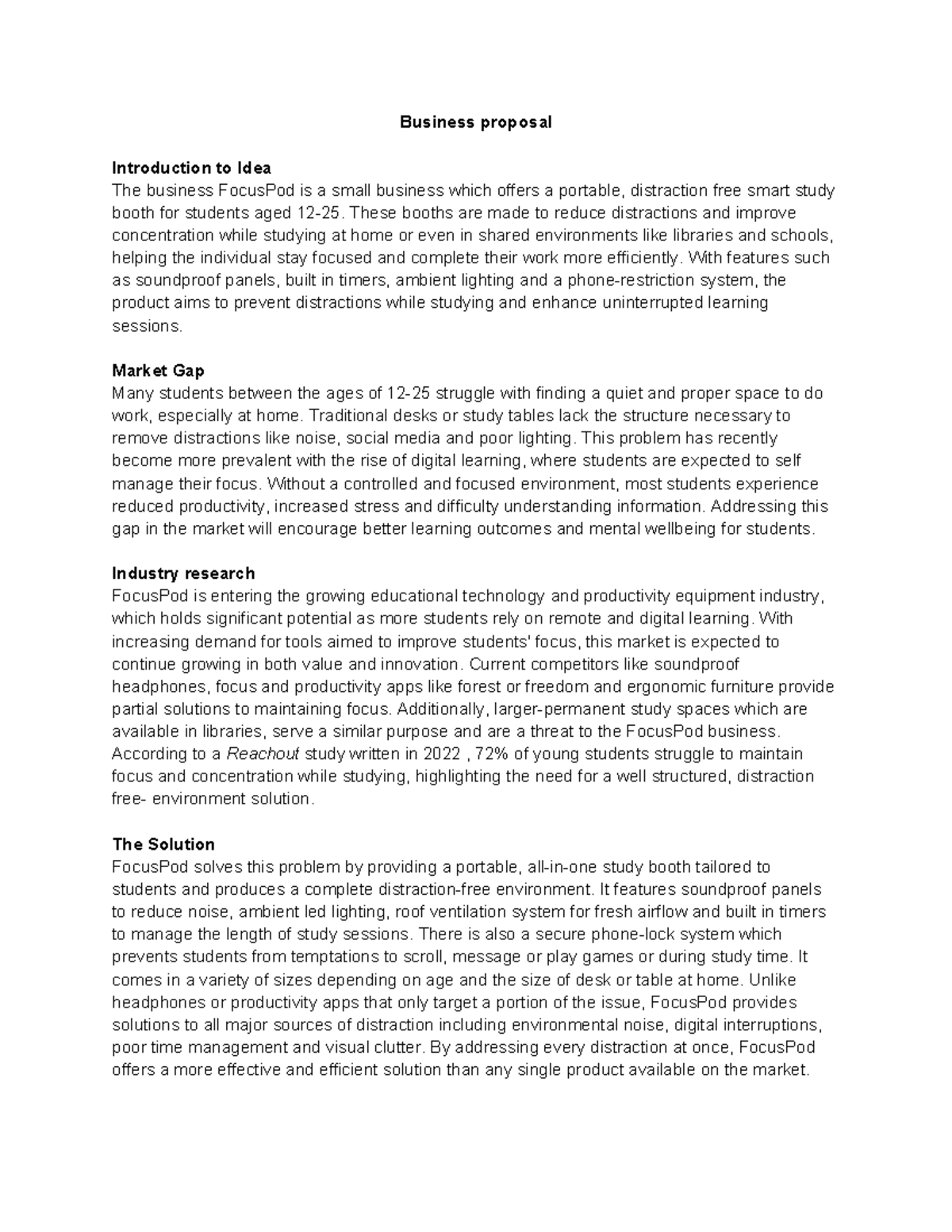 Business Plan Stage 1: FocusPod Portable Study Booth Proposal - Studocu