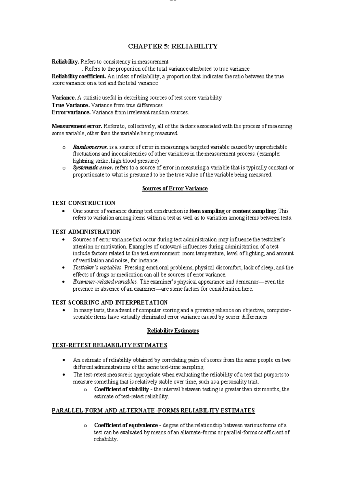 Reliability - psych assessment - CHAPTER 5: RELIABILITY Reliability ...