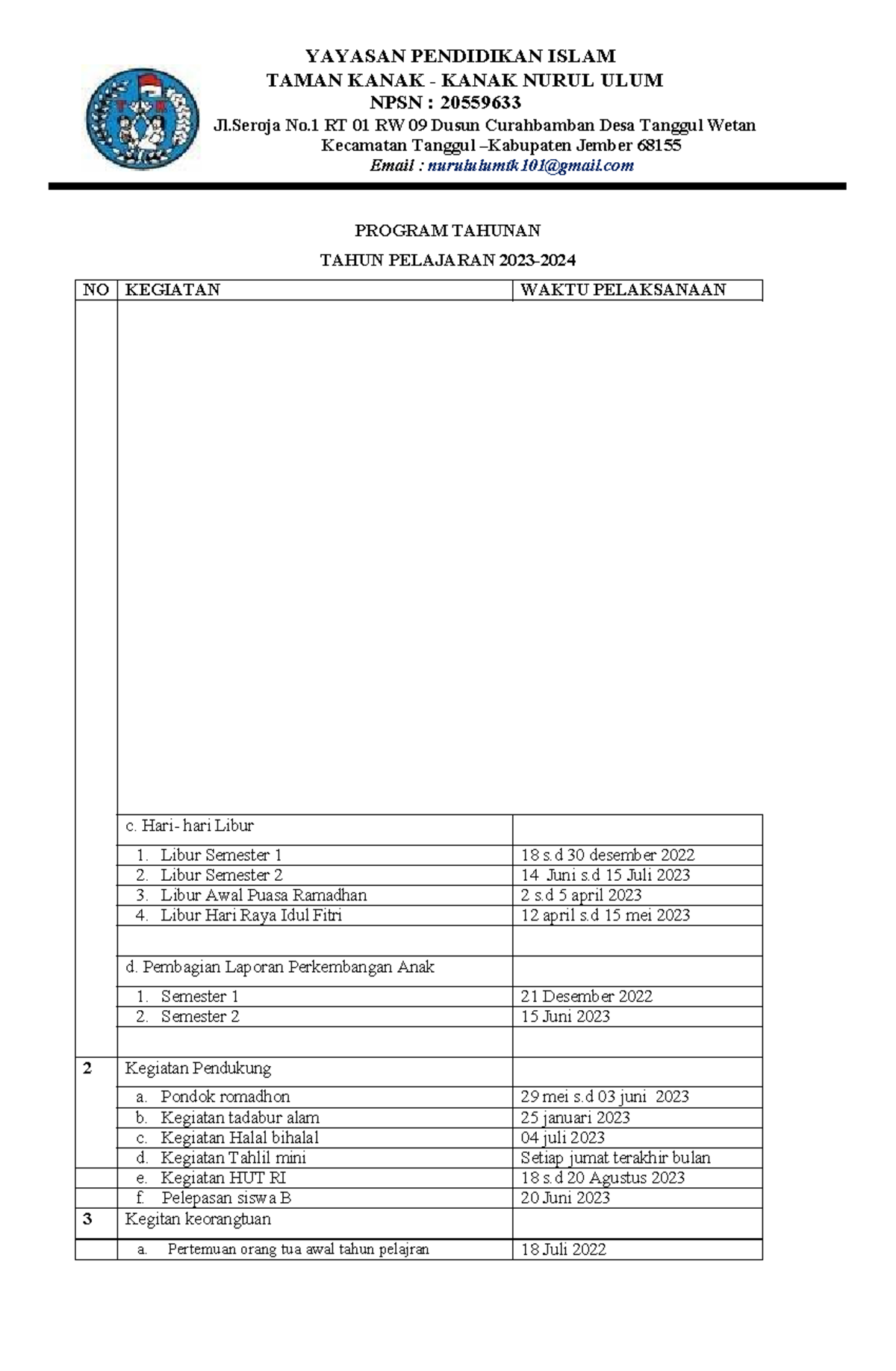 Prota 2025-2026: Rencana Kegiatan Tahunan TK Nurul Ulum - Studocu