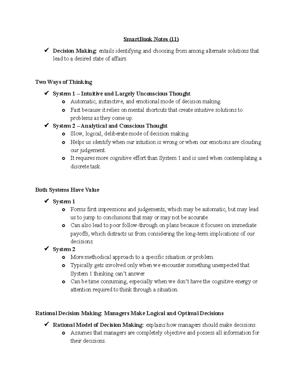 Smart Book Notes (11) - SmartBook Notes (11) Decision Making: entails ...