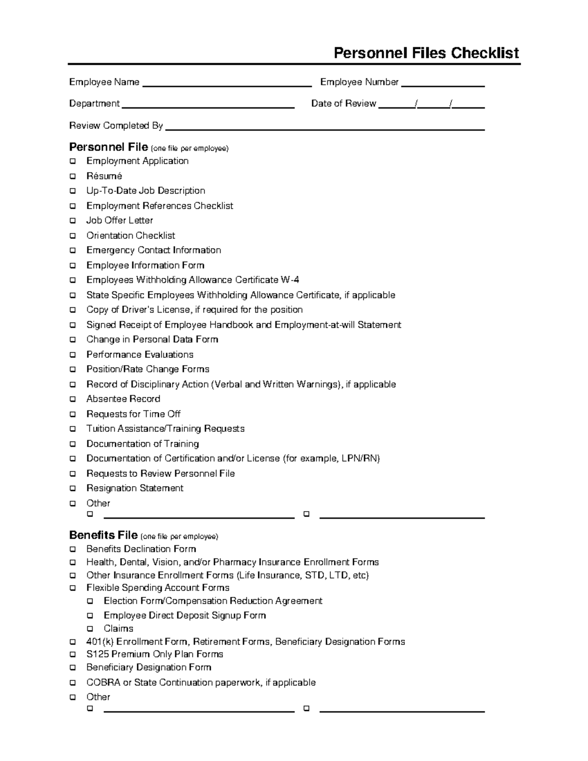 Employee Personnel File Review Checklist - Studocu