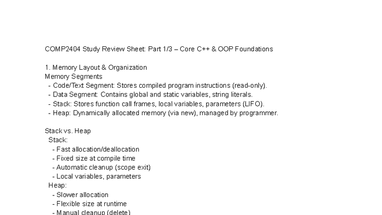 COMP2404 Study Review Sheet: OOP Foundations Overview Part 1 - Studocu