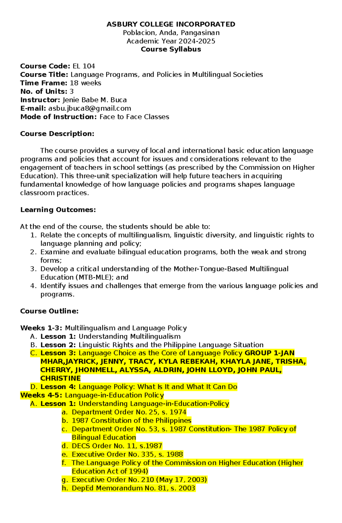 EL 104 - Course Syllabus: Language Programs & Policies in Multilingual ...