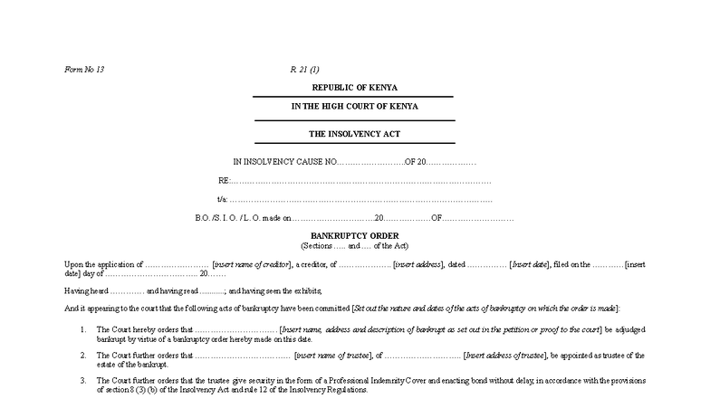 Bankruptcy Order - Insolvency of Natural Persons in Kenya - Studocu