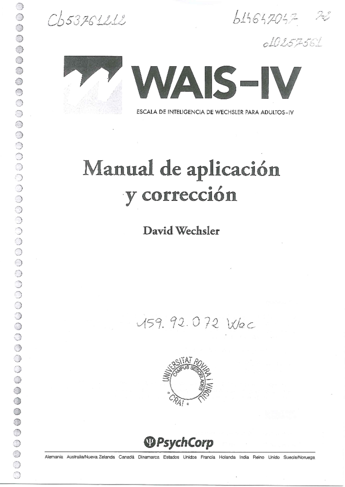 Manual de Aplicación y Corrección del WAIS-IV en Español - Studocu