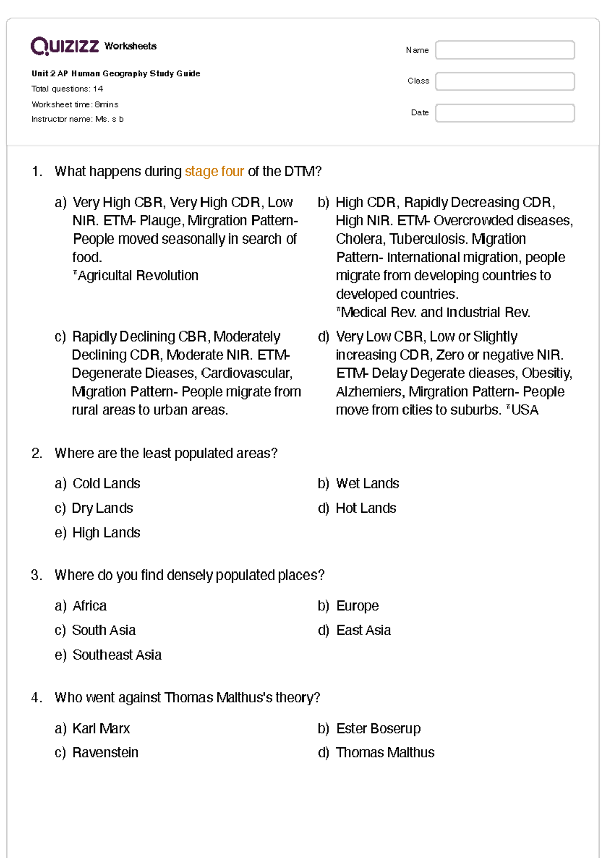 AP HUG Unit 2 Assignment 5 - Worksheets Unit 2 AP Human Geography Study ...