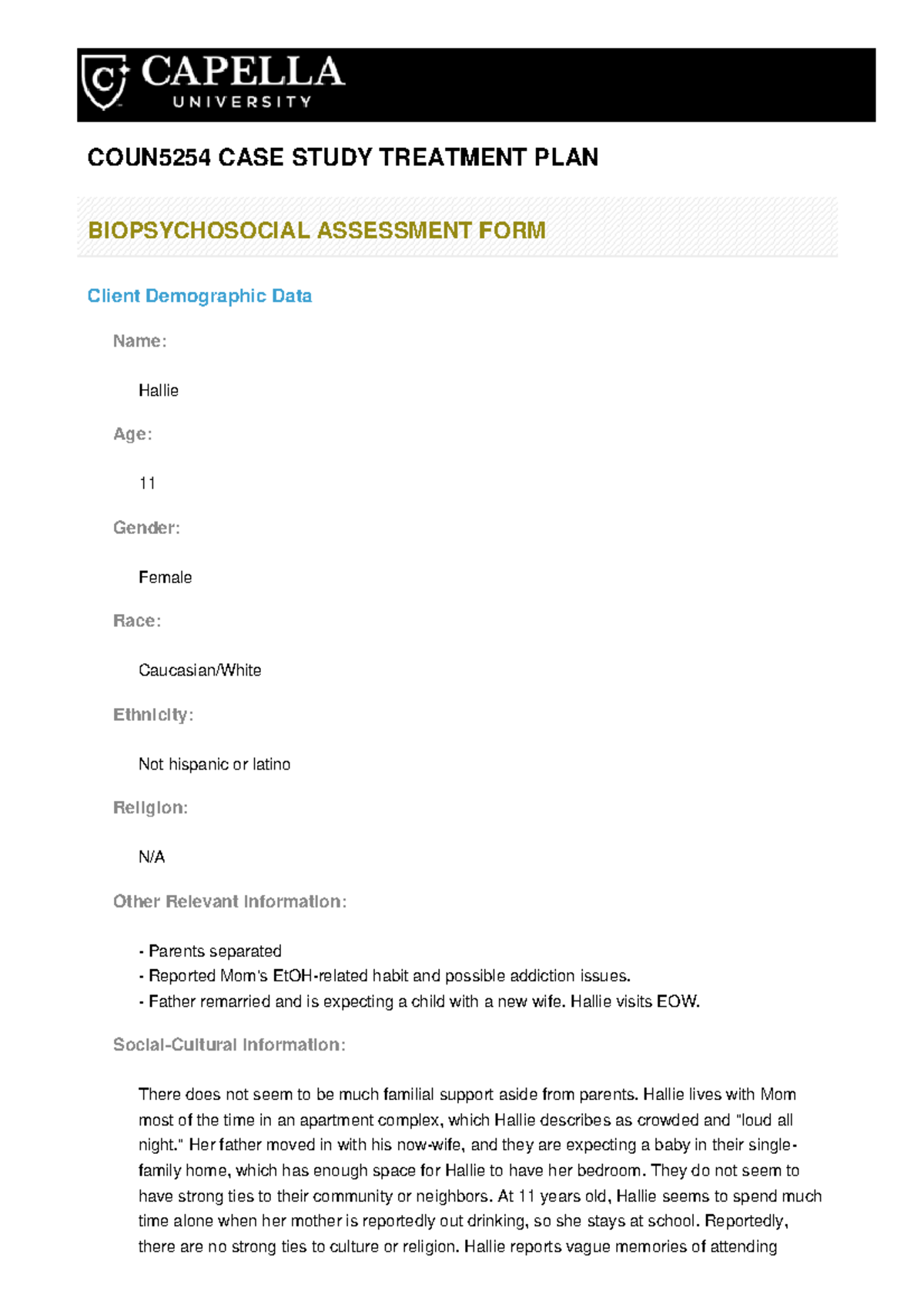 COUN5254 Case Study Treatment Plan for Hallie: Biopsychosocial ...