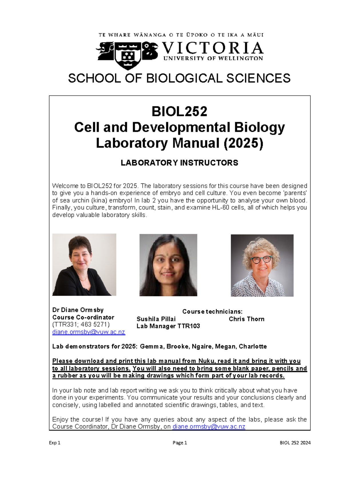 BIOL252 2025 Cell & Developmental Biology Lab Manual: Key Procedures ...