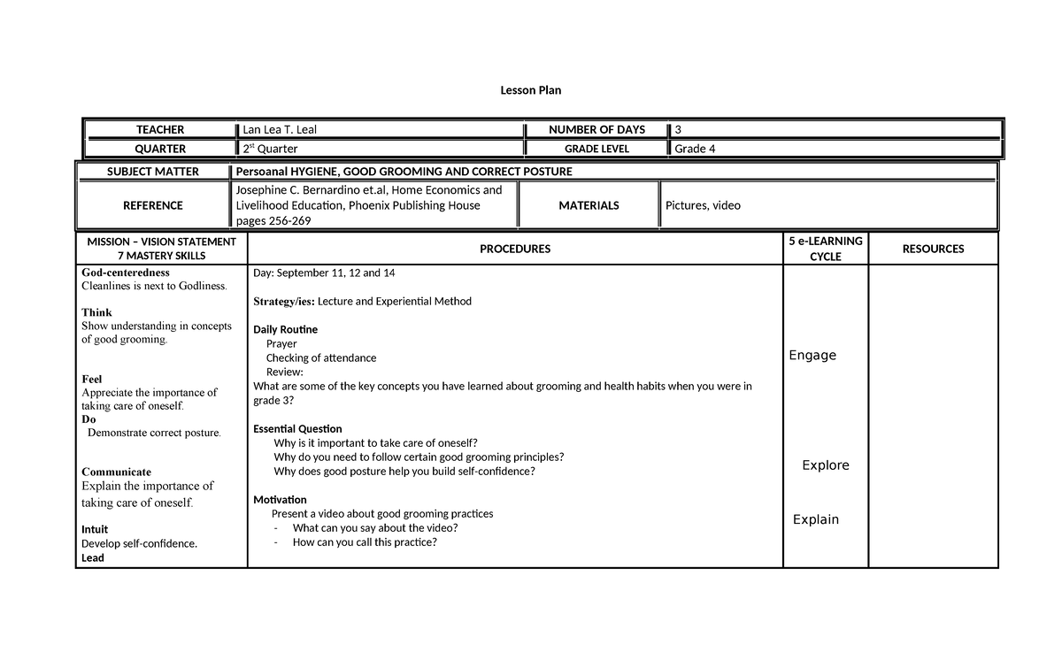 Lesson Plan: Personal Hygiene & Good Grooming for Grade 4 - Studocu