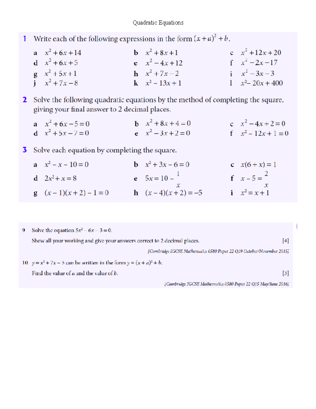 Quadratic Equations - The assignment needs to be completed - Quadratic ...